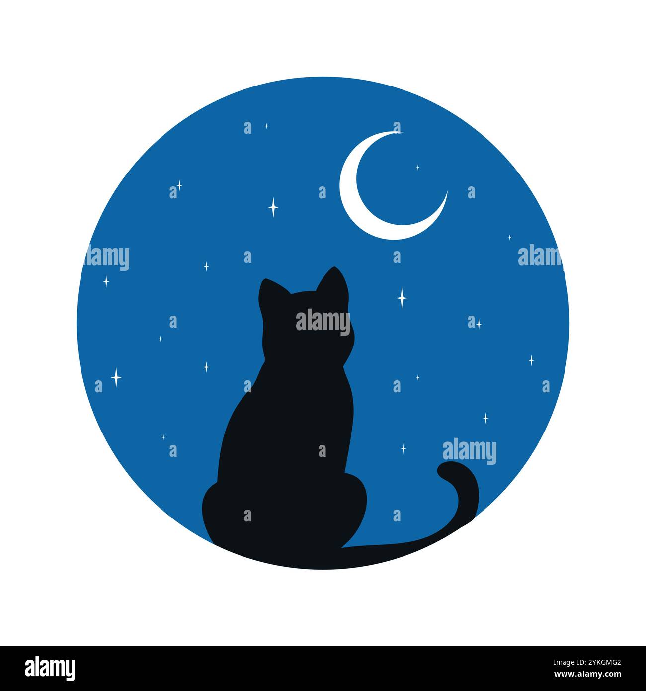 Black cat watching on a crescent. Round emblem with cat silhouette and ...