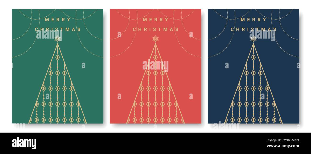 Merry Christmas greeting cards set with geometric shaped Christmas tree ...