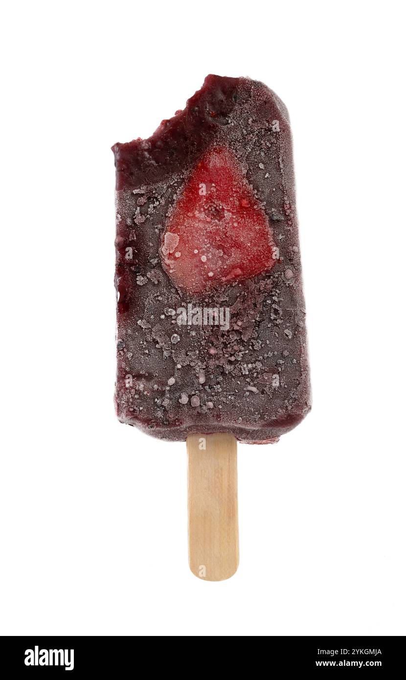 mulberry and blue berry flavor popsicle with a bite on white background ...
