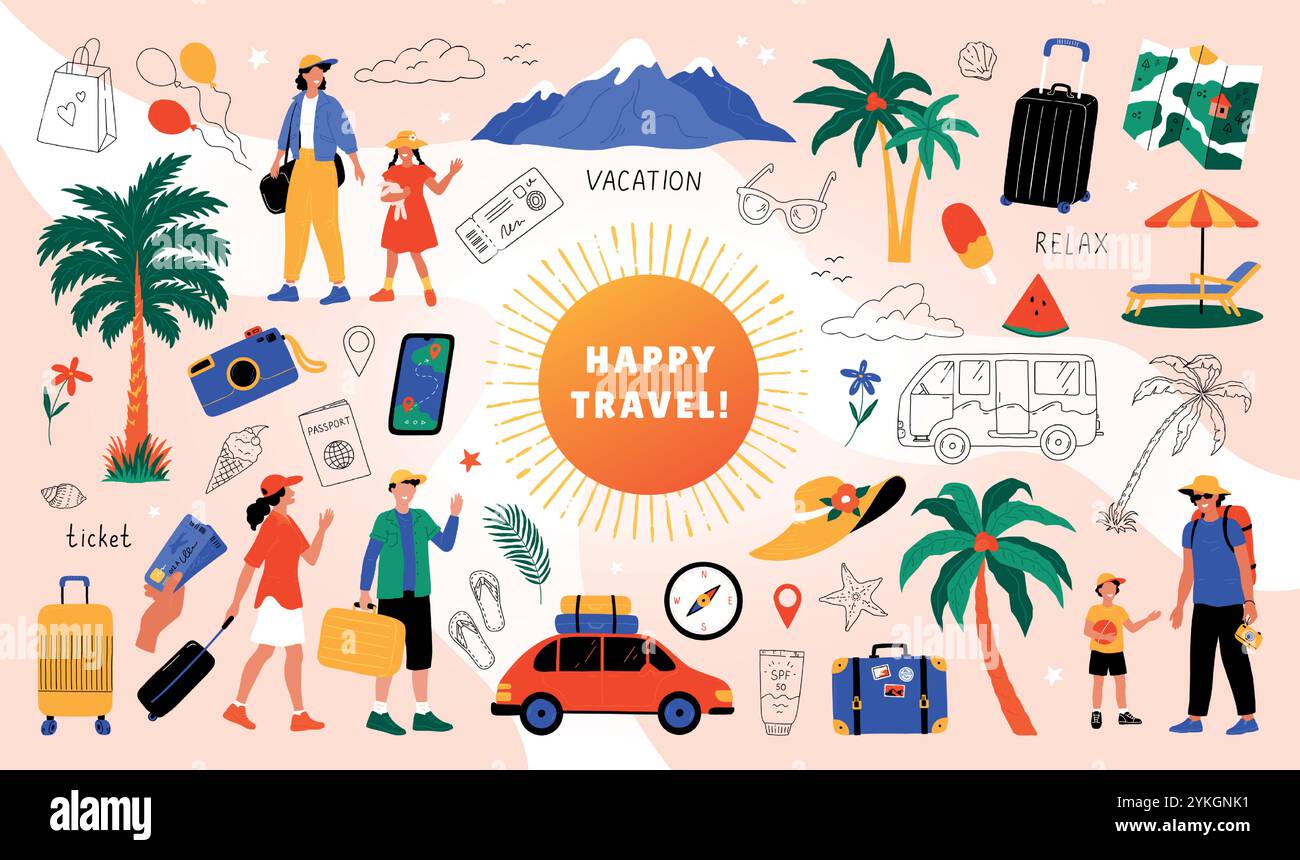 Summer trip. Train or car travel. Happy people vacation. Family tourism ...