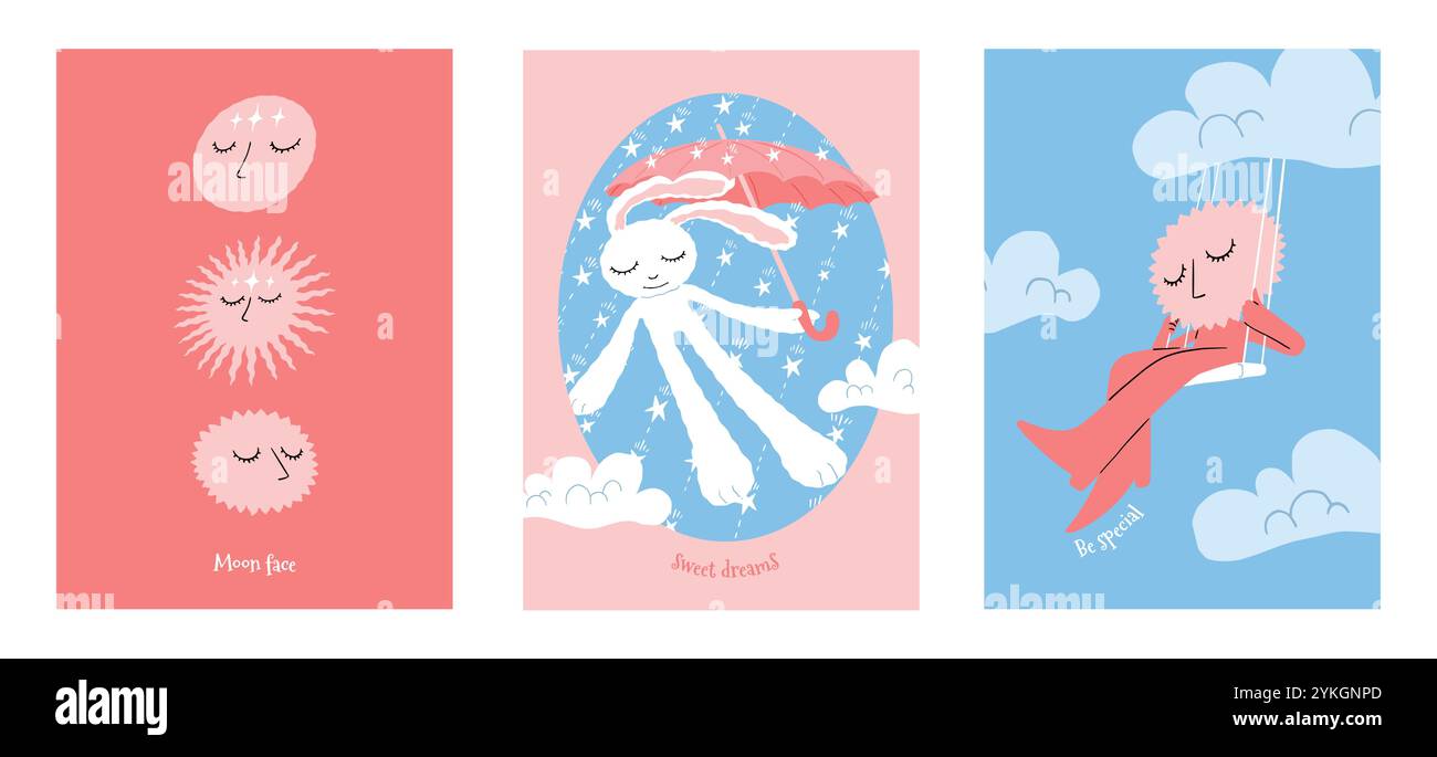 Baby card. Sweet dream. Sleeping rabbit. Sleepy moon. Sun on swing ...