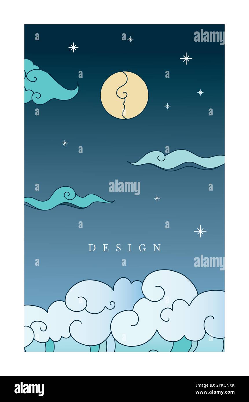 Chinese clouds poster. Asian cloudscape. Night moon. Midnight stars ...