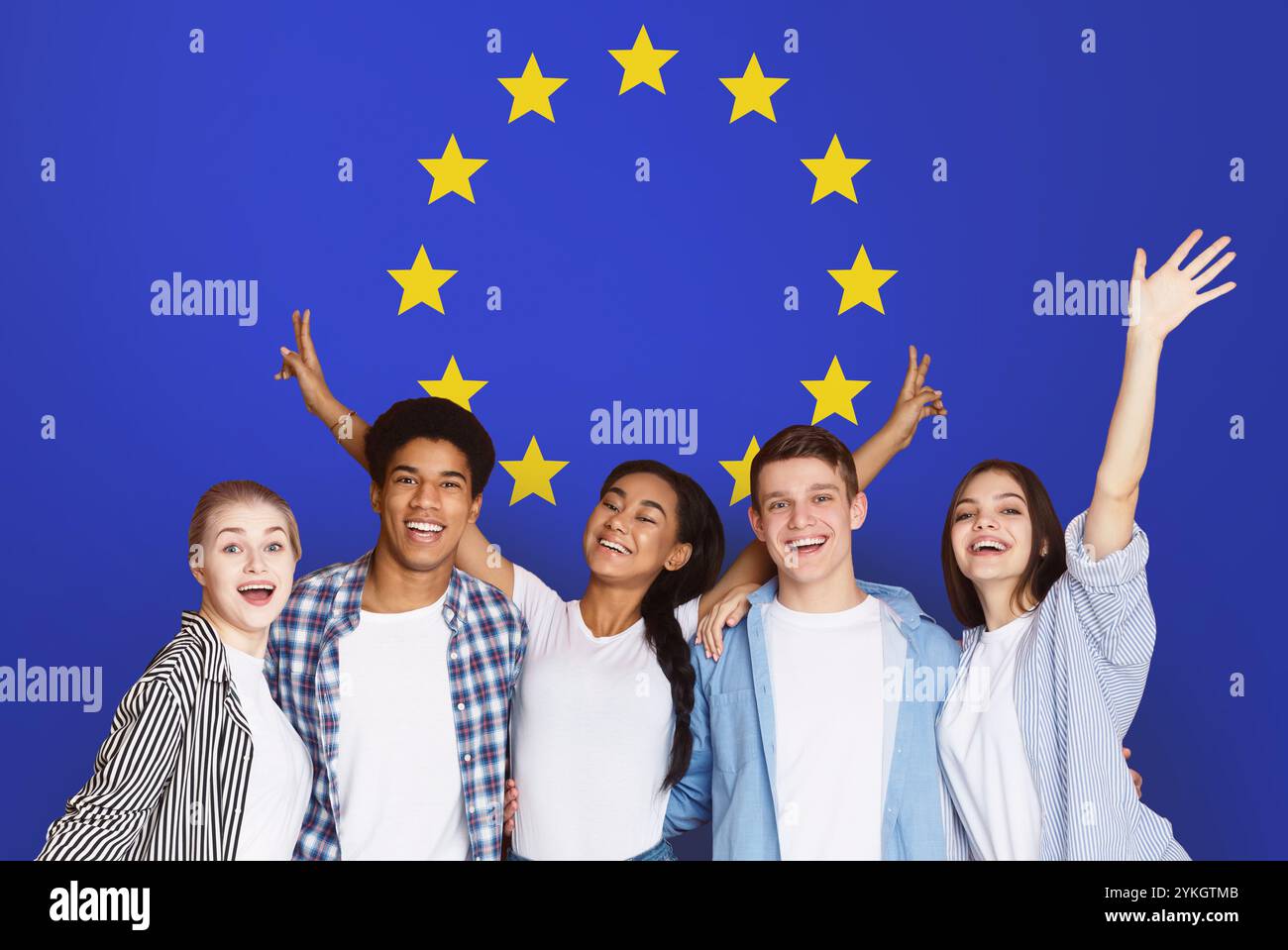 Student Exchange Programs In Eu. Multiracial Teens Posing Over Europe ...
