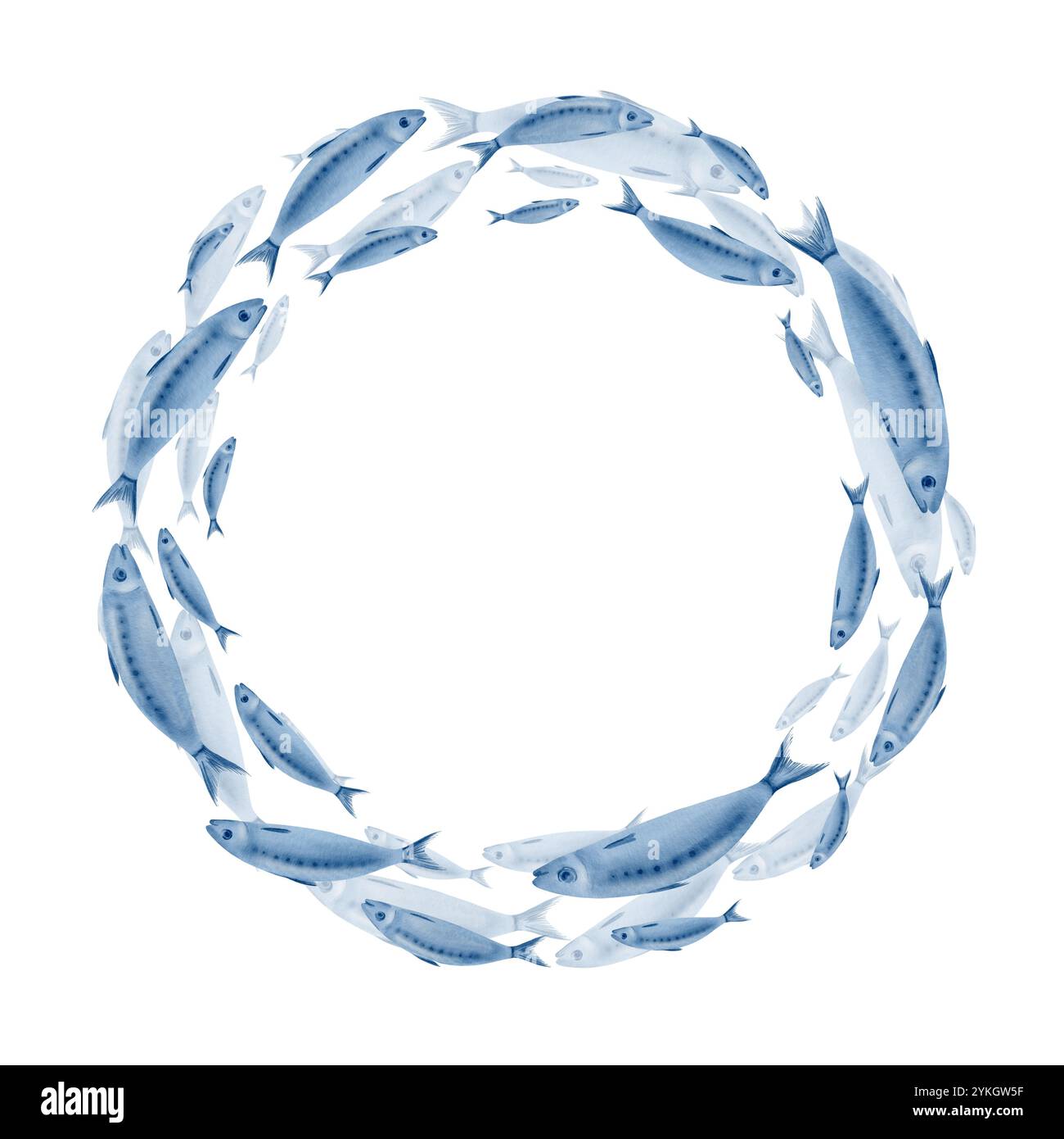 Sardine fish in a round wreath swimming in a shoal stylized watercolor ...