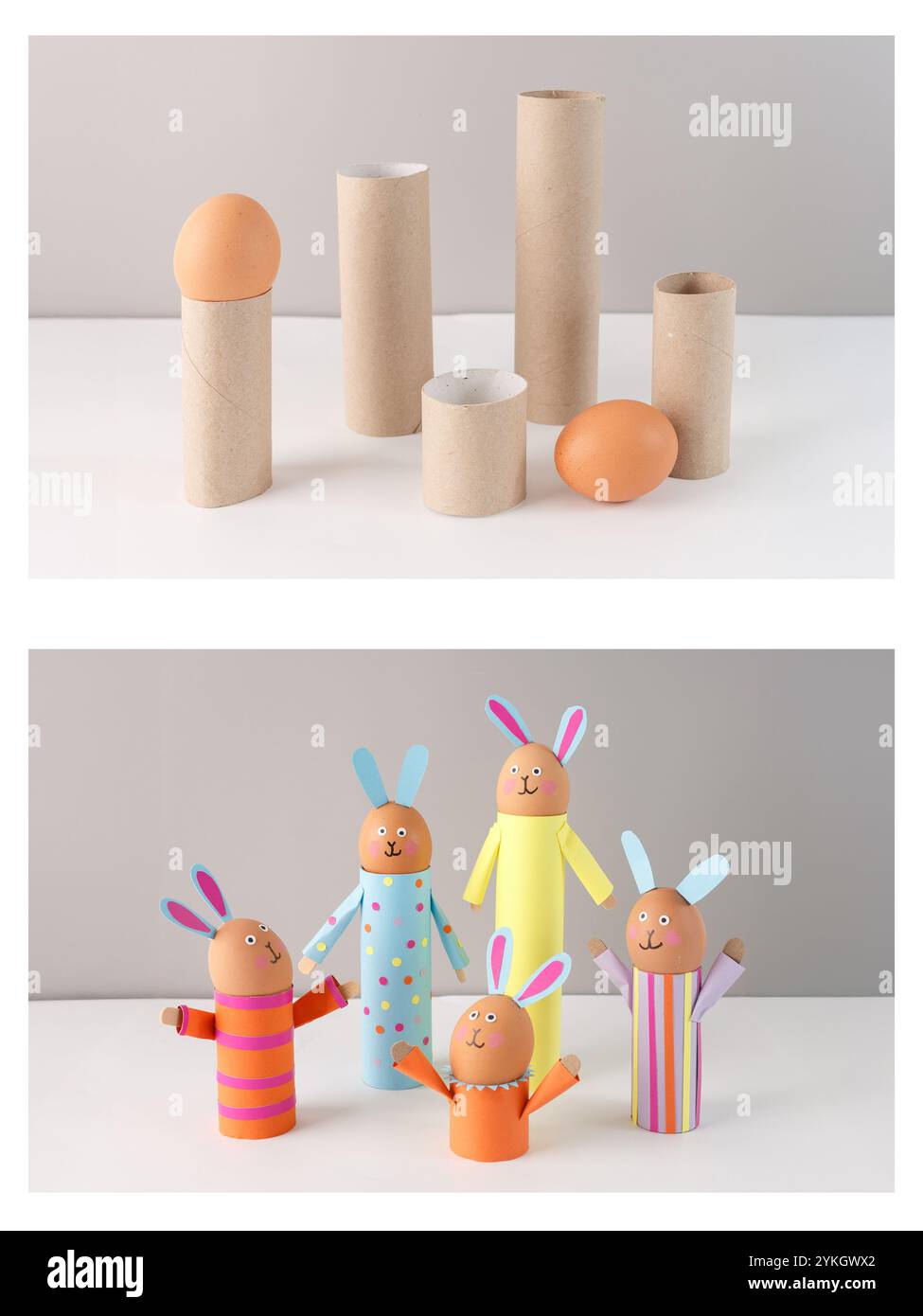 Five bunny crafts from cardboard tubes decorated with colorful paper ...