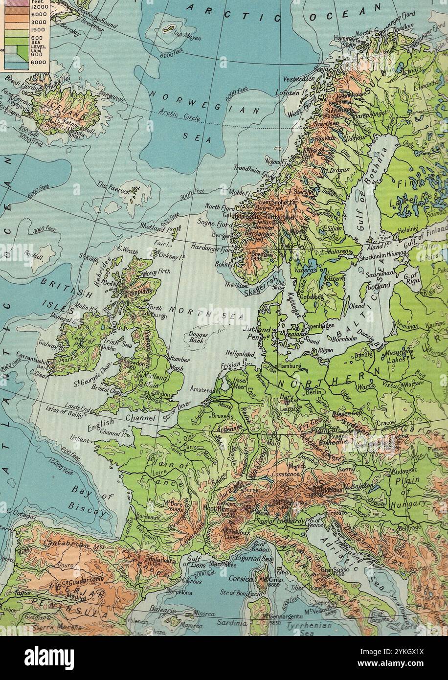 A vintage mid 20th century geographical map showing western Europe ...