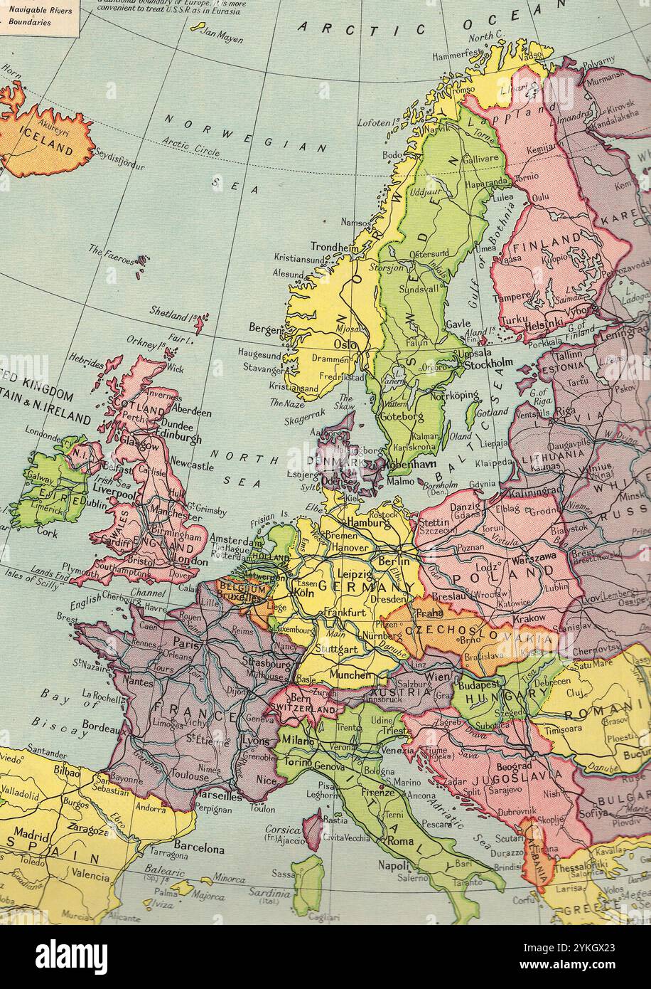A vintage mid 20th century political map showing western Europe Stock ...
