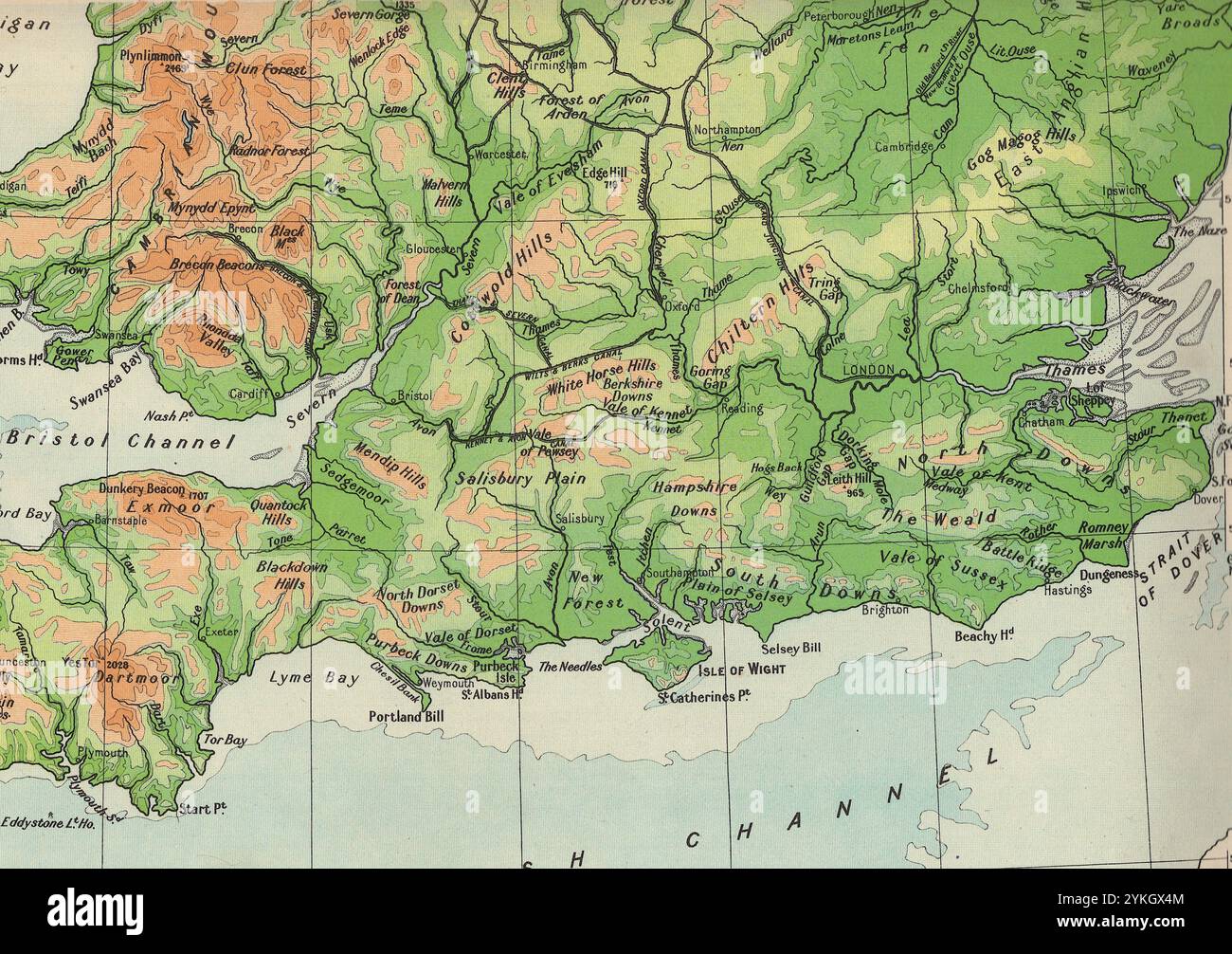 A vintage mid 20th century geographical map showing southern England ...
