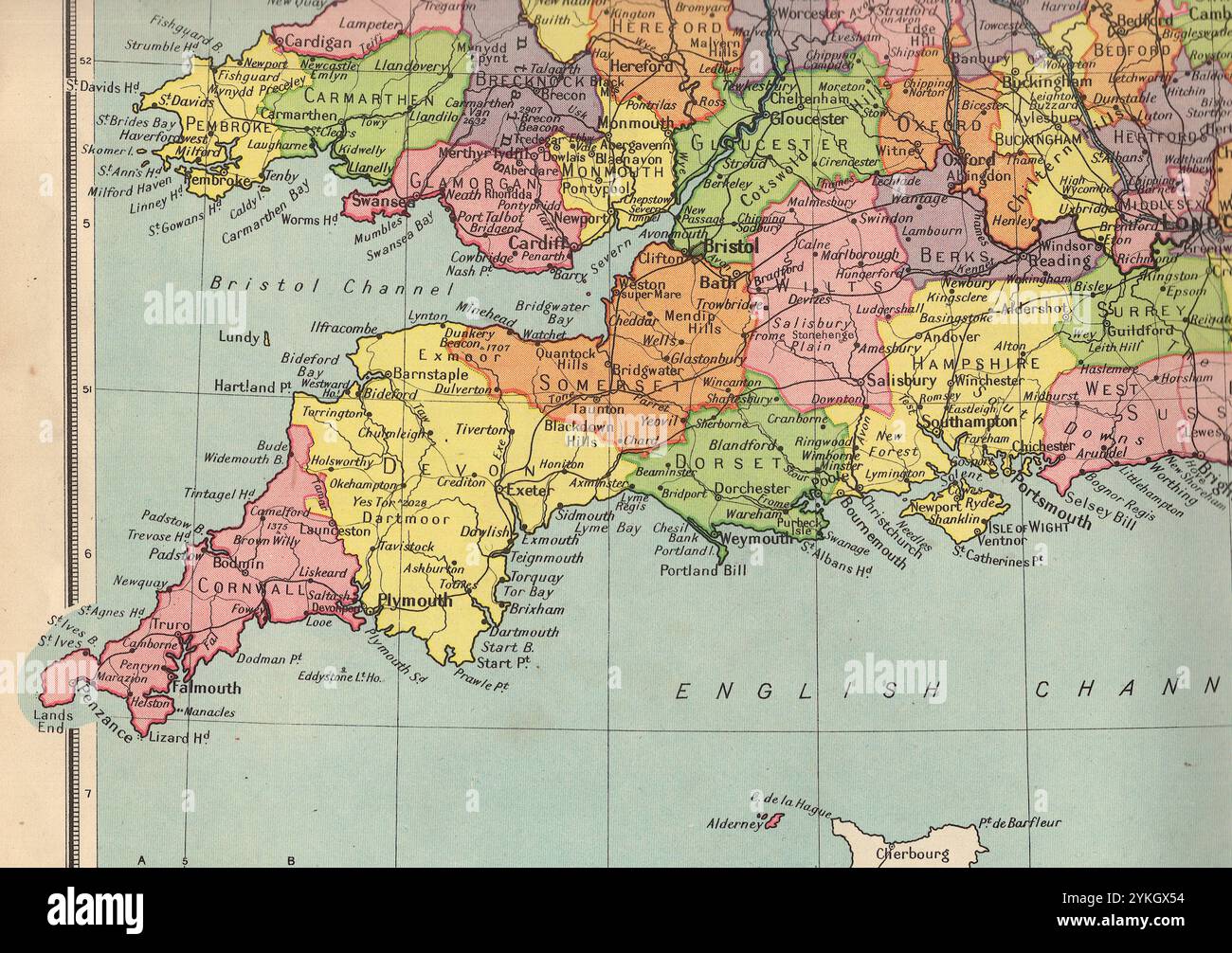A vintage mid 20th century political map showing south west England and ...