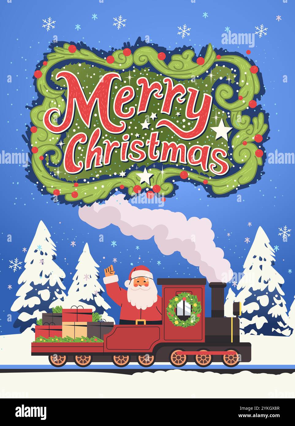 Santa Claus on Christmas train festive winter scene snow-covered trees ...