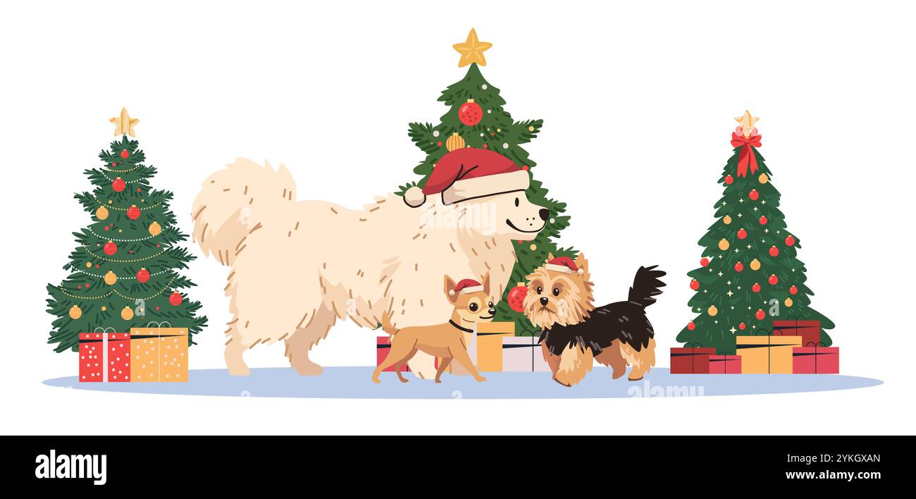 Christmas dogs festive scene holiday cheer. Three dogs wearing Santa ...