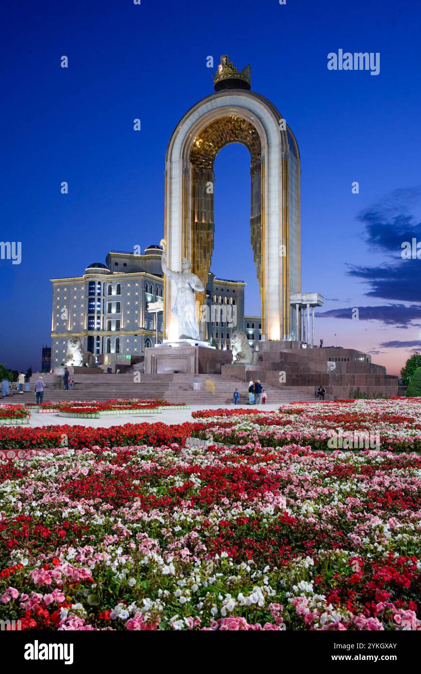 The soaring golden arch and statue of Ismail Somoni is the main ...
