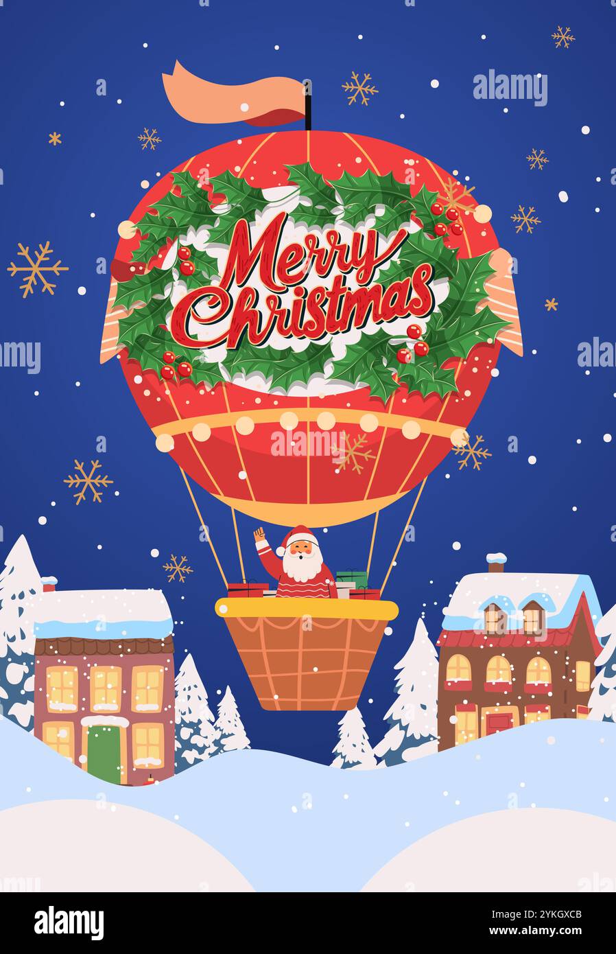 Christmas hot air balloon Santa scene festive snow village night sky ...