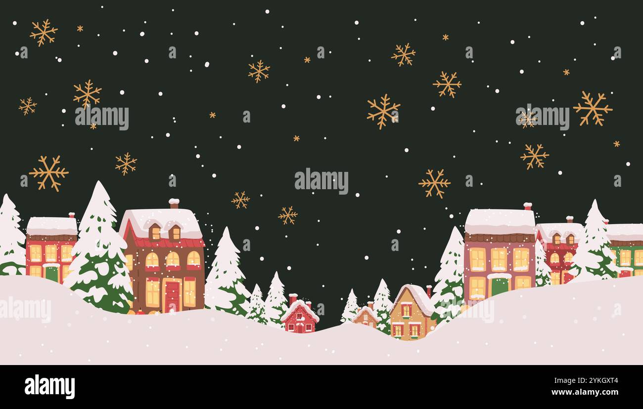Winter village night scene snowflakes snowfall cozy houses pine trees ...