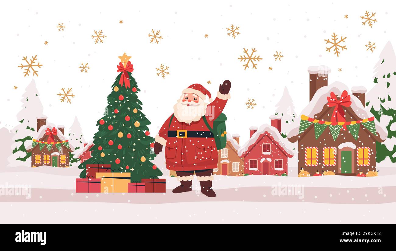 Santa Claus Christmas scene festive winter village snowflakes decorated ...