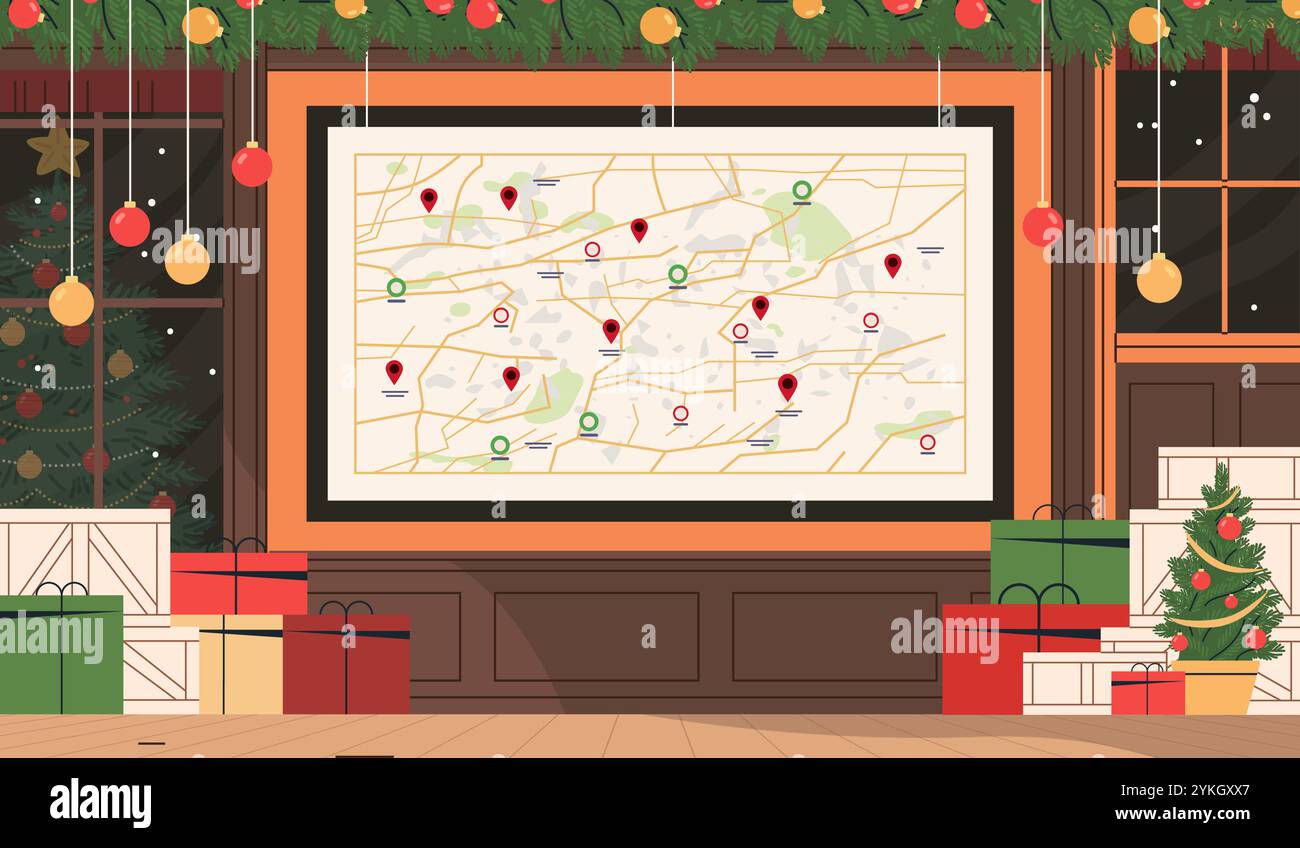 Christmas-themed room with map festive decorations. A large map with ...