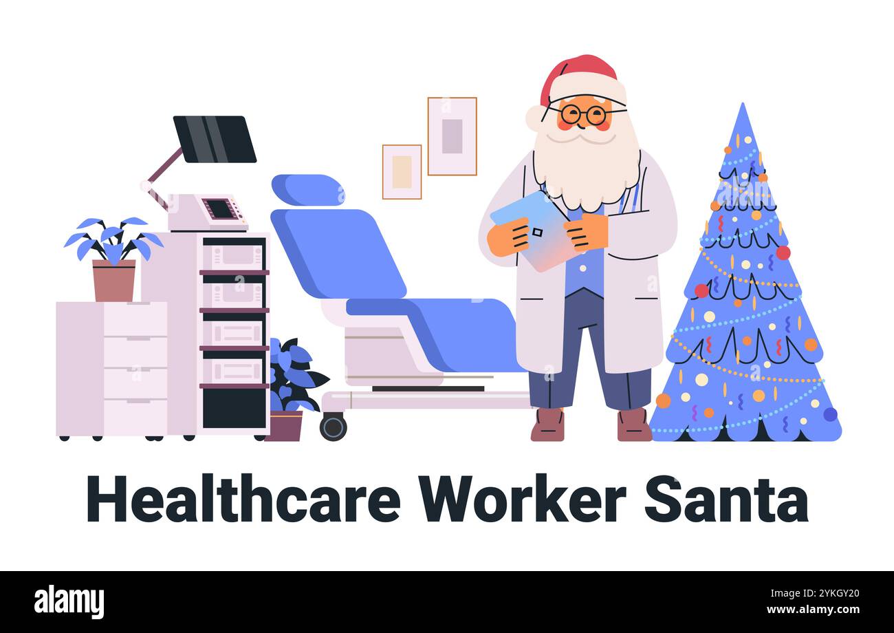 Santa in healthcare setting with medical equipment Christmas tree and ...