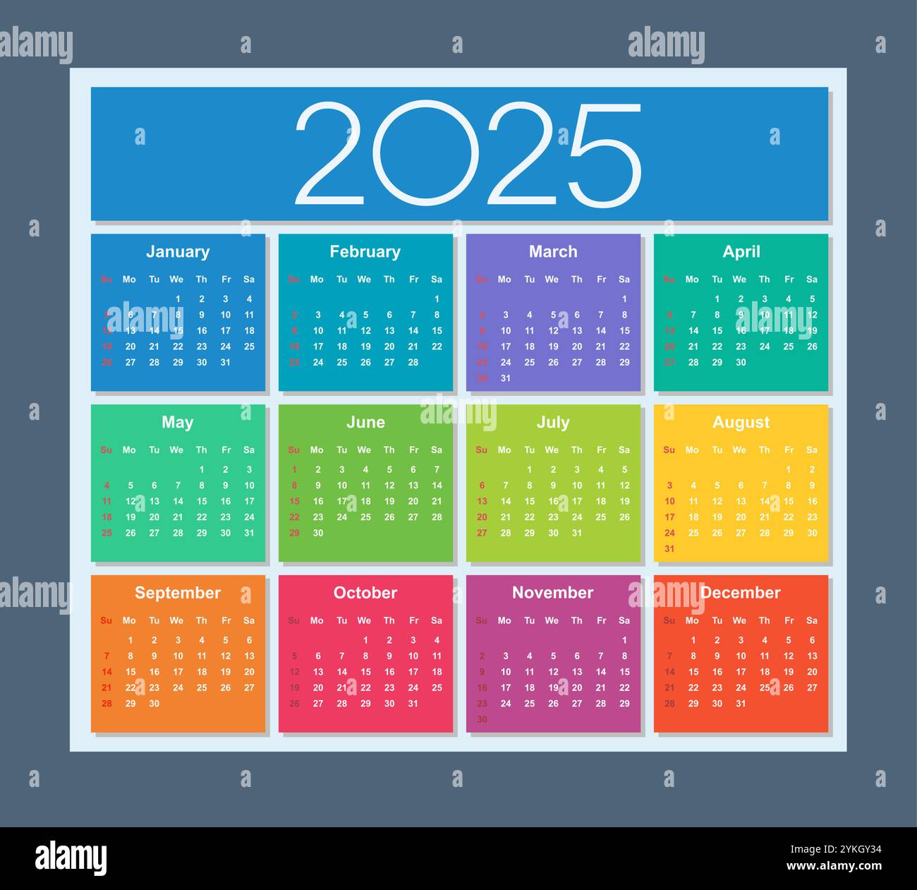 Colorful calendar for 2025 year. Week starts on Sunday. Isolated vector ...
