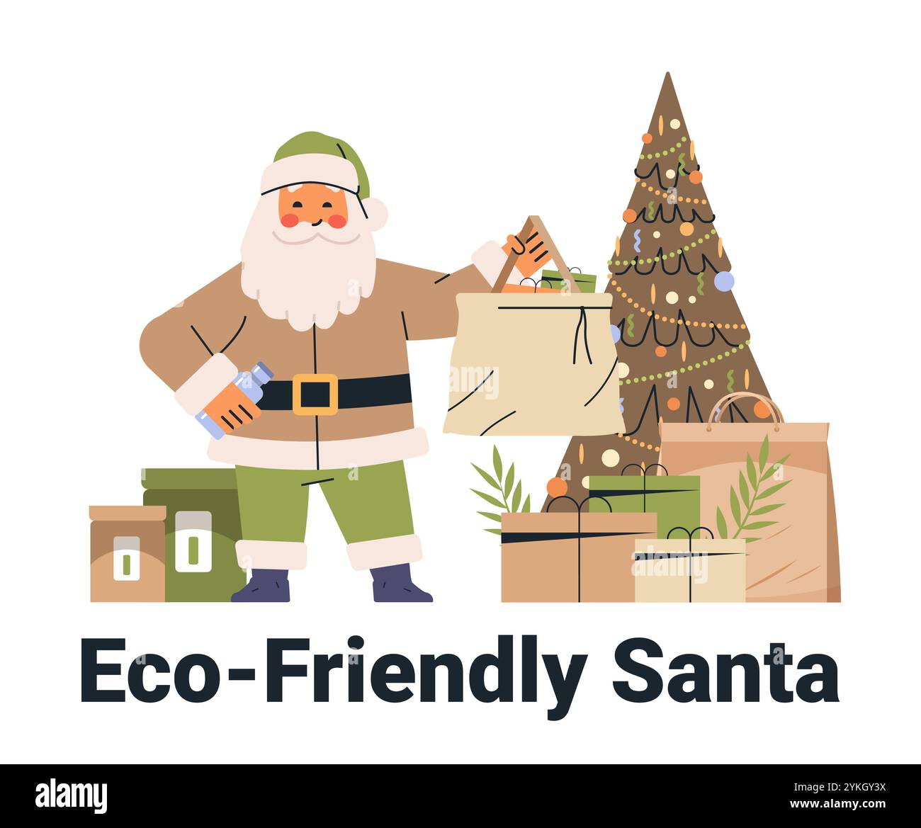 Eco-Friendly Santa holding reusable bags green Christmas tree presents ...
