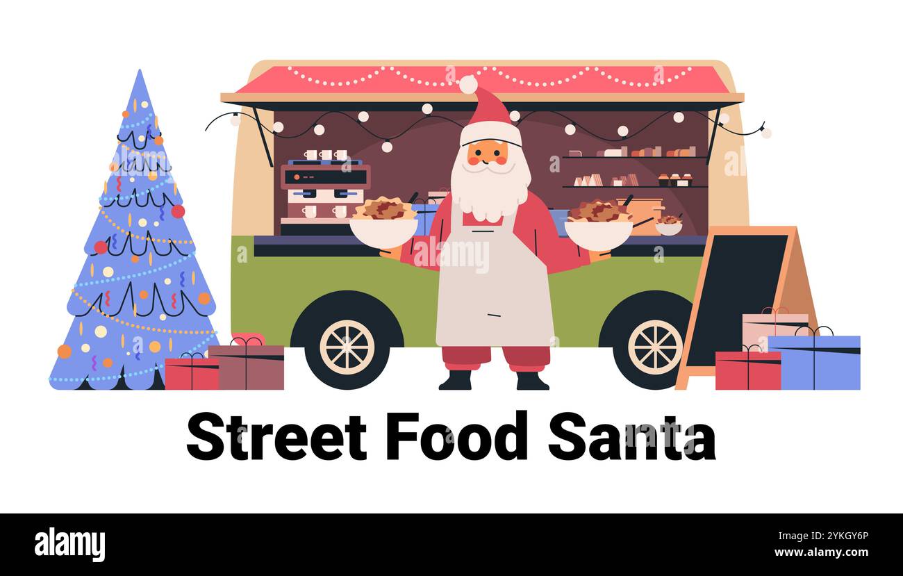 Santa serving food at festive truck with Christmas tree gifts lights ...