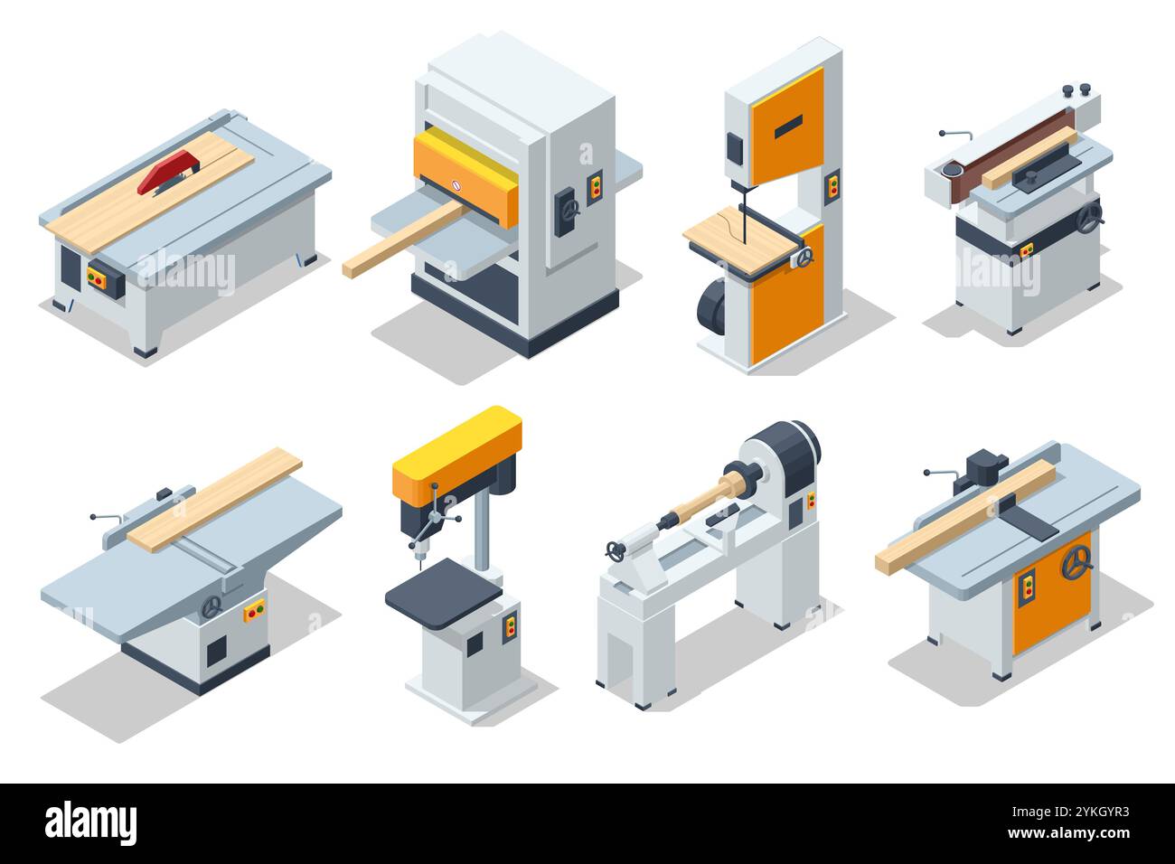 Isometric Carpentry machines set. Wood lathe, band saw wood machine, Circular saw cutting wooden ...