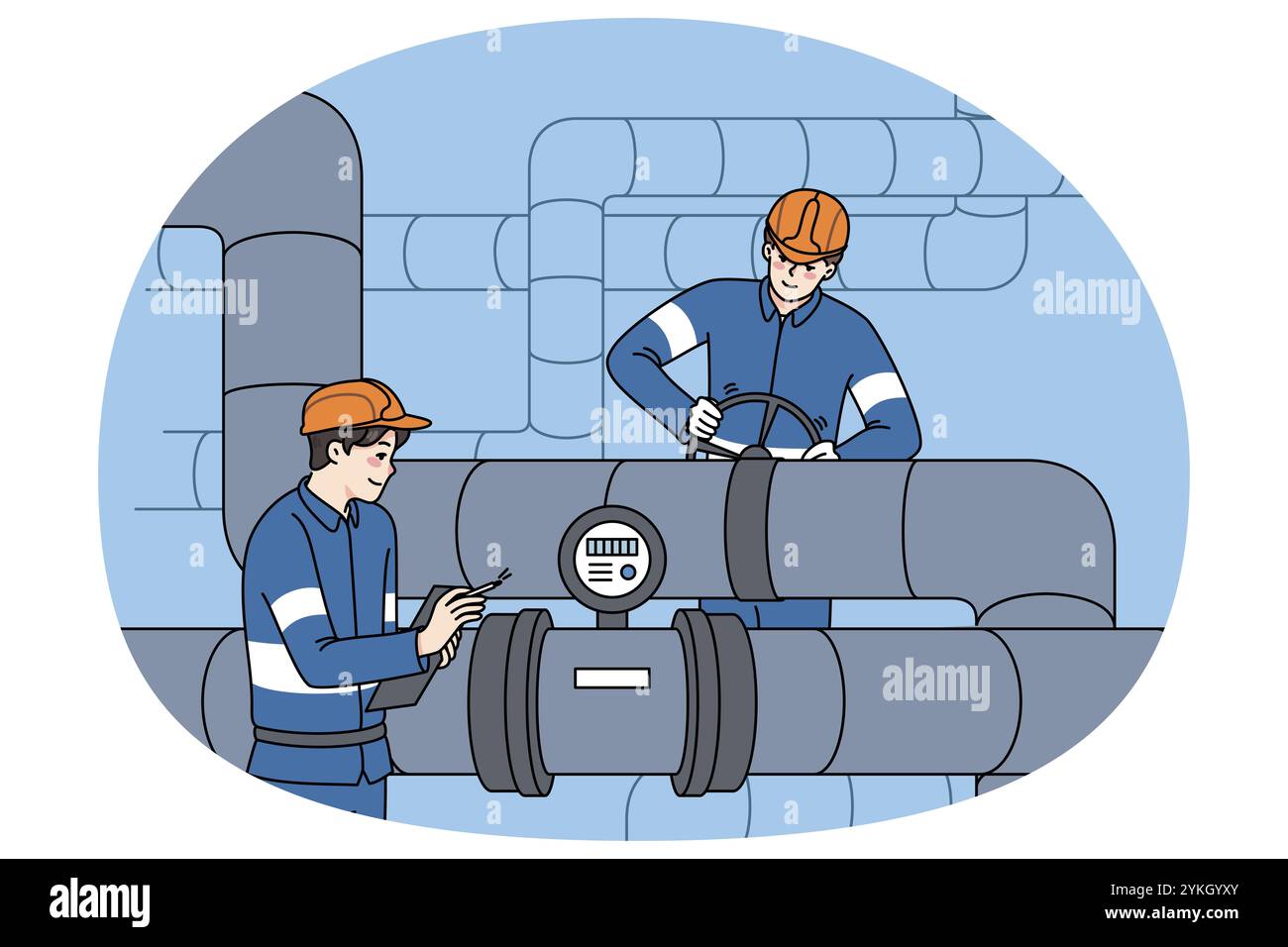 Male workers in uniform inspect and maintain water tubes and pipes ...