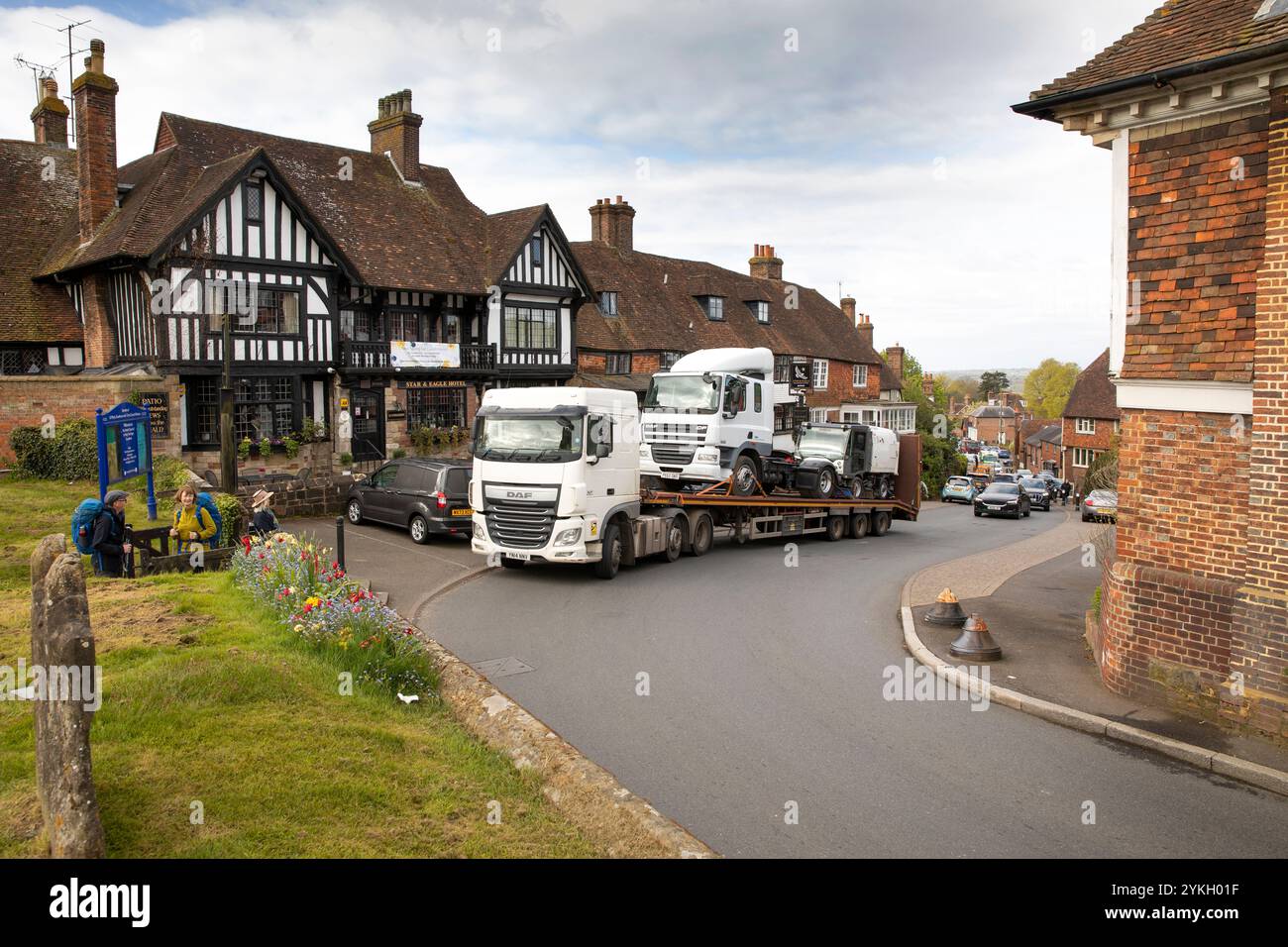 UK, Kent, Weald of Kent, Goudhurst, HGV blocking road at Star and Eagle ...