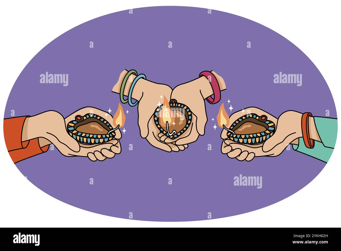 Closeup of people holding oil lamps celebrate traditional indian event ...