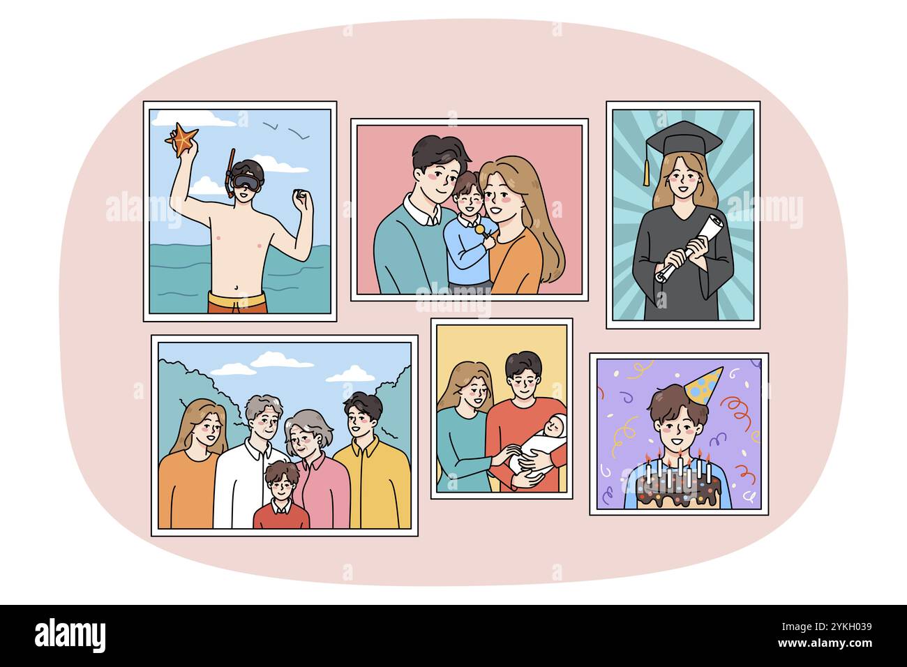 Set of family pictures in frames hanging on wall. Collection of ...