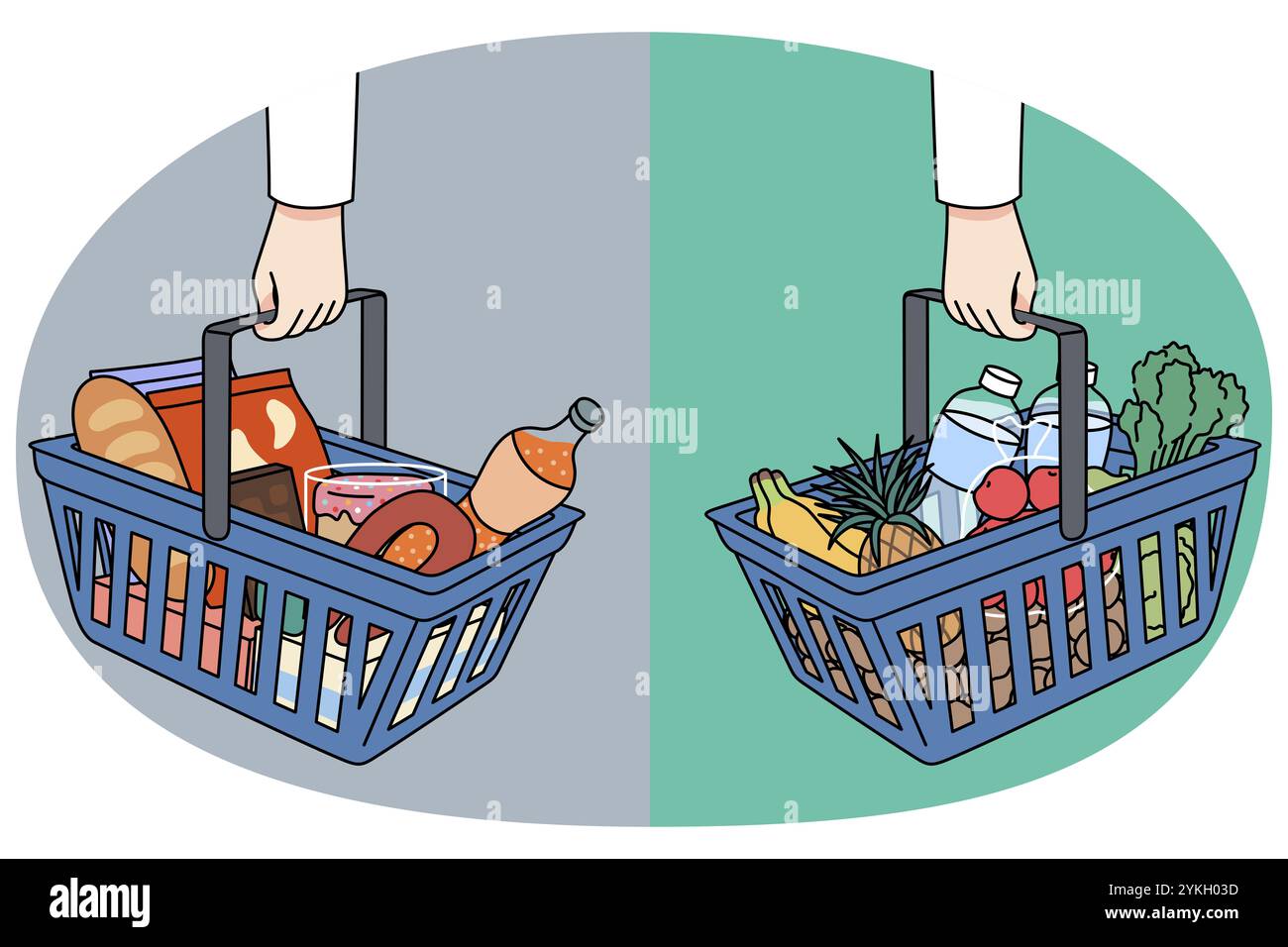 Shopping baskets with healthy and unhealthy food. Nutritious wholesome ...