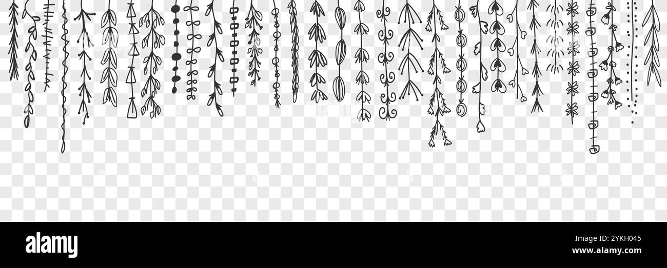 Hanging decorative lines with leaves doodle set. Collection of hand ...