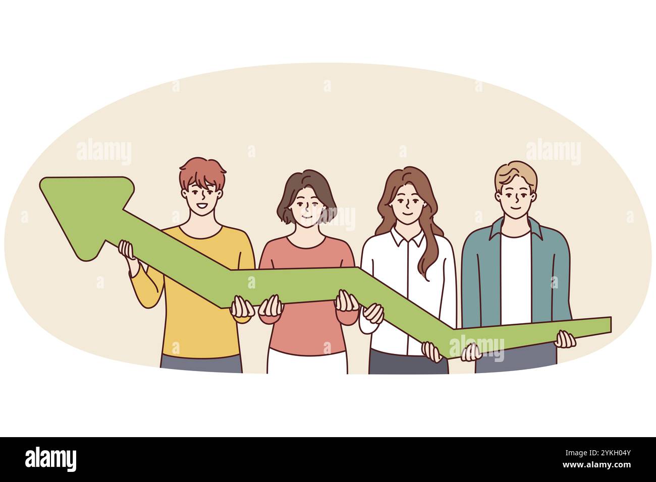 Team of men and women together hold green arrow pointing up ...