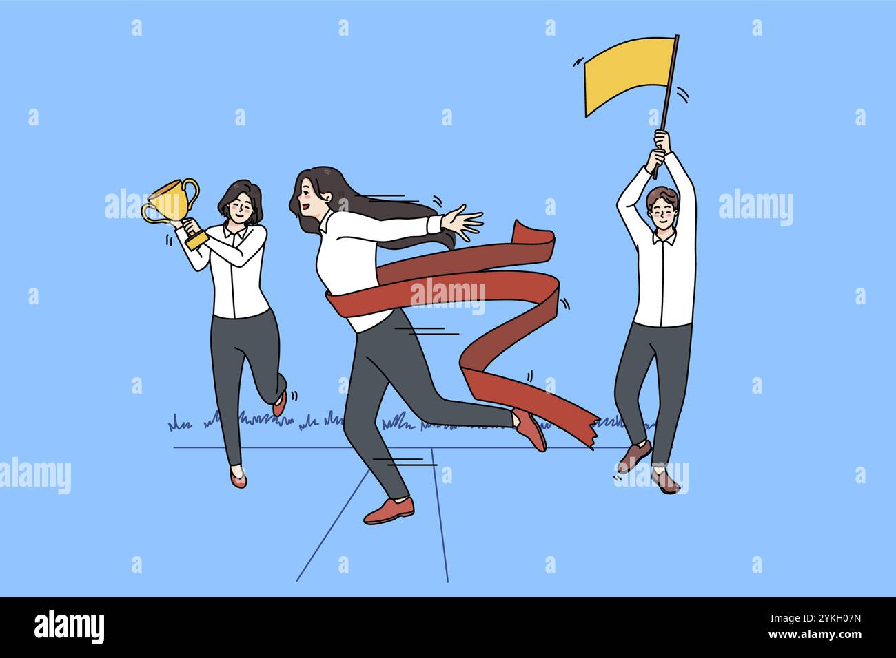 Motivated female employee feel euphoric cross finish line reach ...