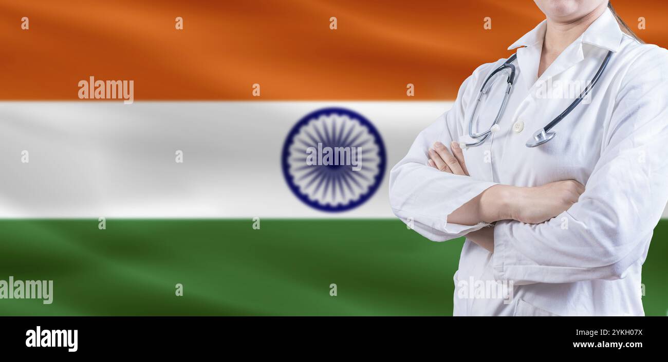 Doctor with crossed arms on India flag. India Health and Care concept ...