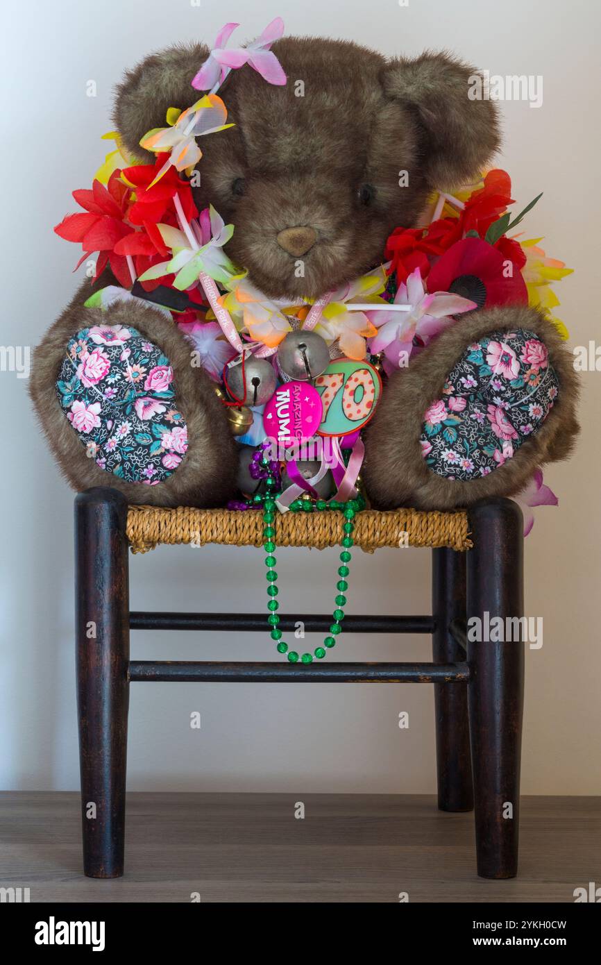 cute decorated Teddy Bear soft cuddly toy sitting on stool - made in ...