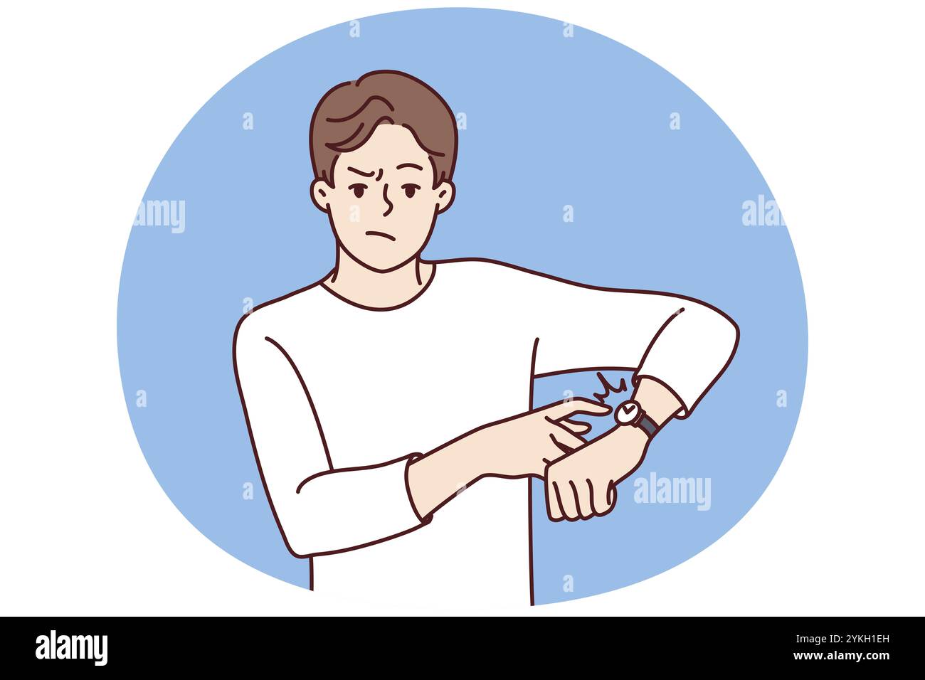 Angry young man point at wristwatch warn about deadline. Mad male ...