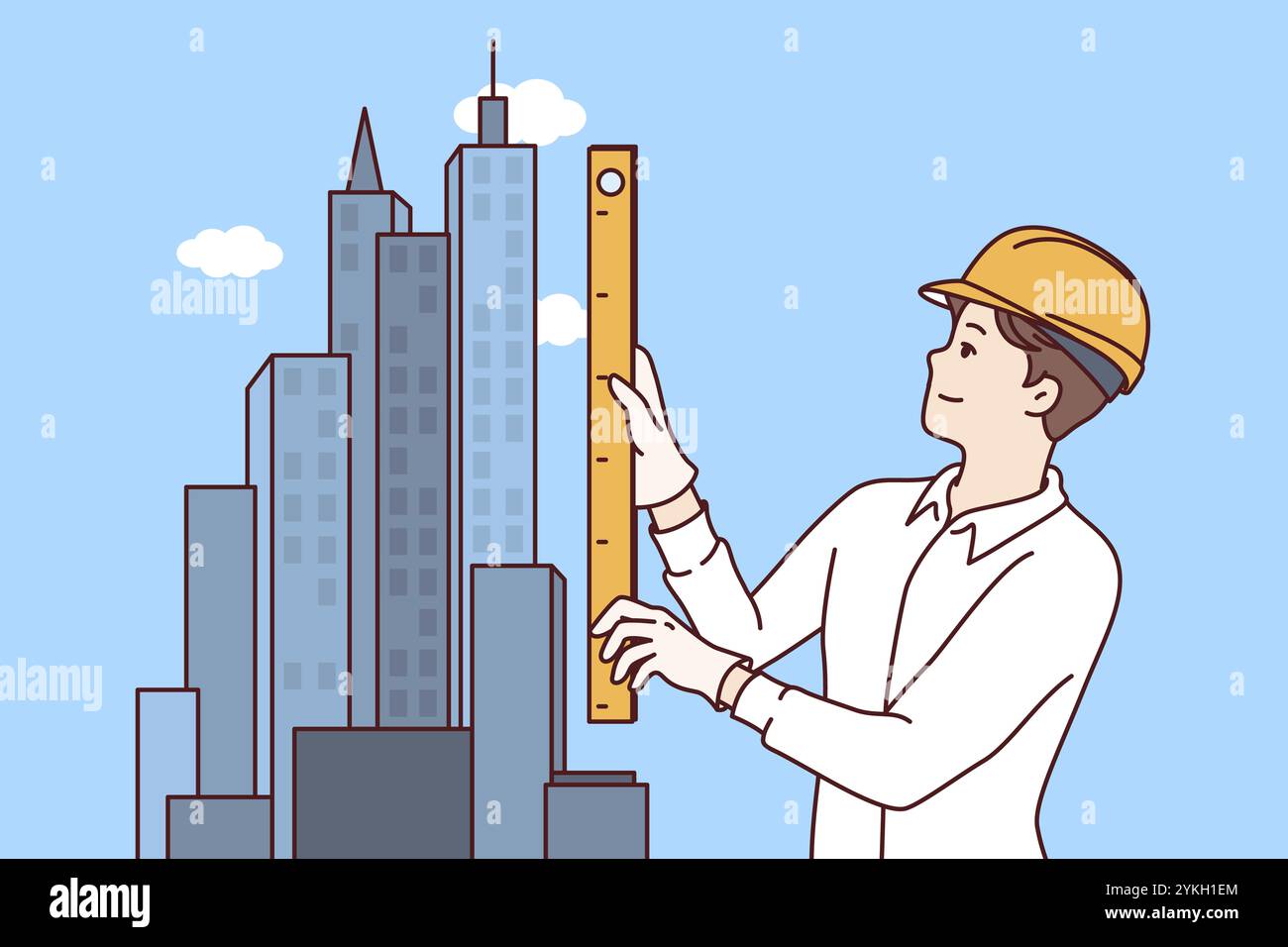 Man architect designs construction of skyscraper and stands near models ...