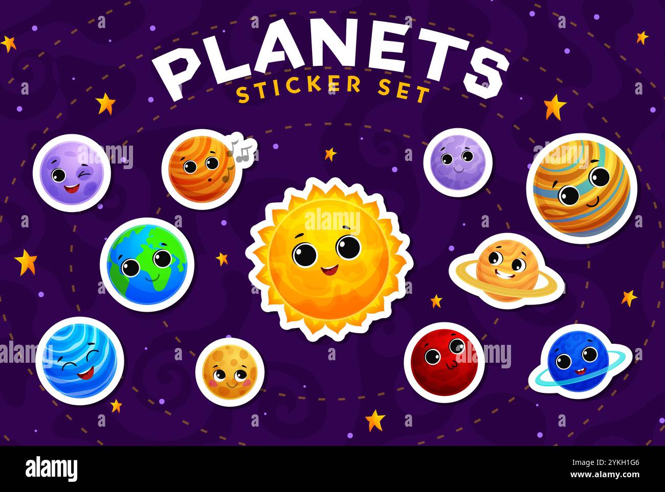 Cartoon solar system space planets stickers pack on starry sky vector background. Earth, Moon ...