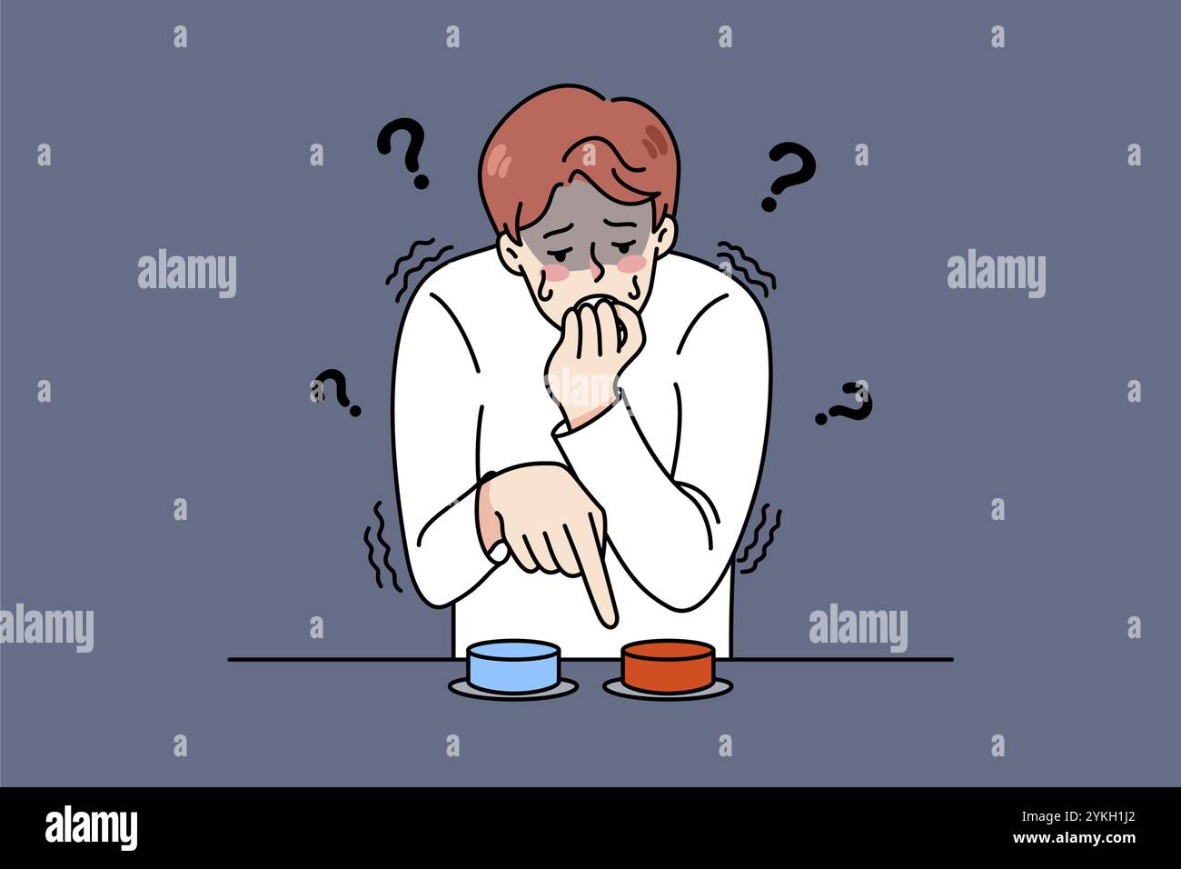 Distressed young man choose button to press feel confused and anxious ...