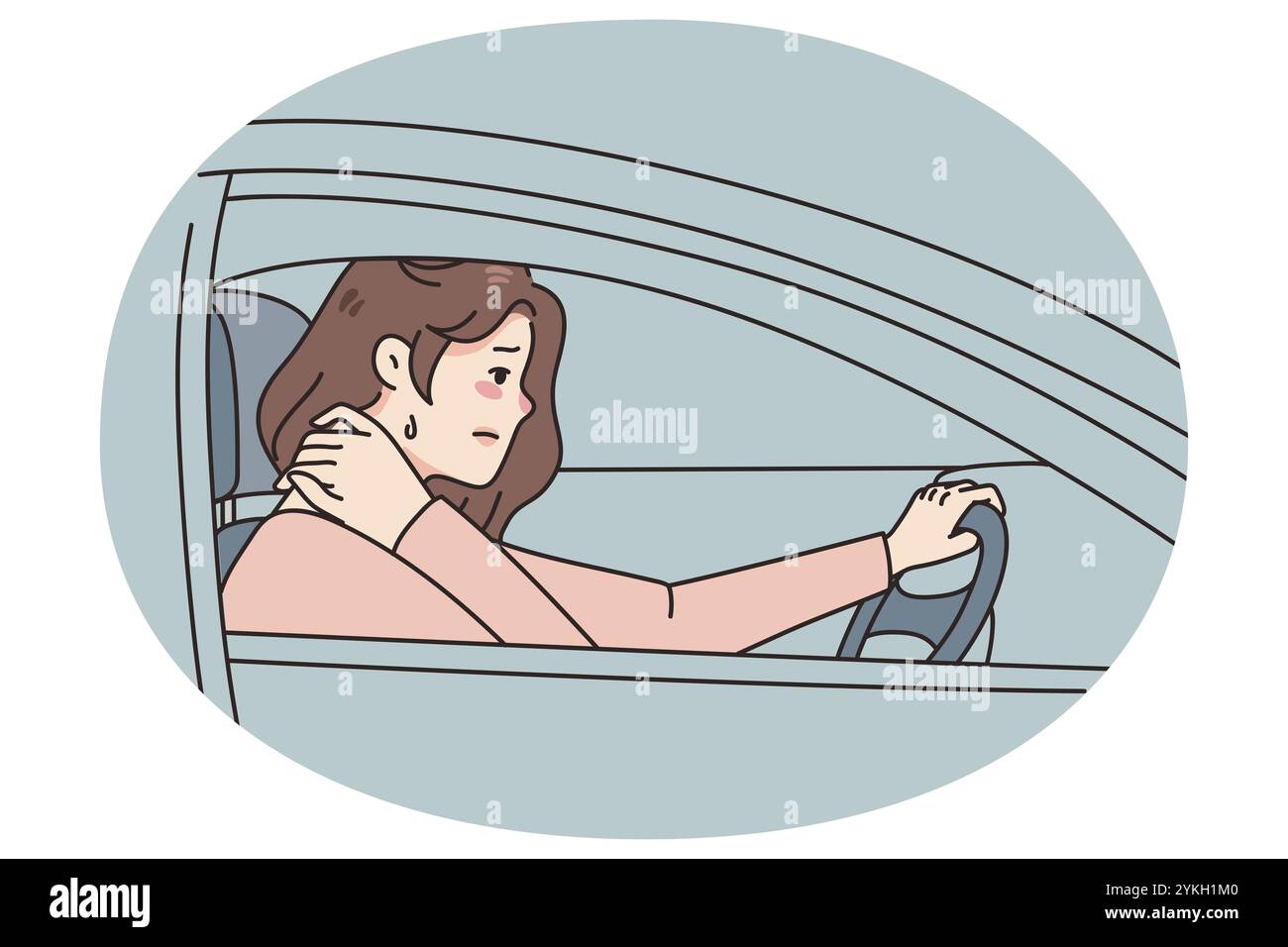 Unhealthy woman driving suffering from neck spasm from sedentary ...