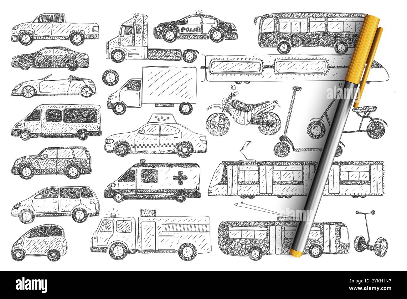 Types of vehicles doodle set. Collection of hand drawn cars buses ...