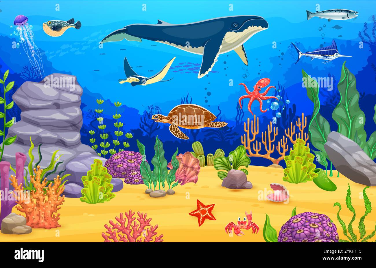 Cartoon sea animals at underwater landscape. Vector marine scene with ...