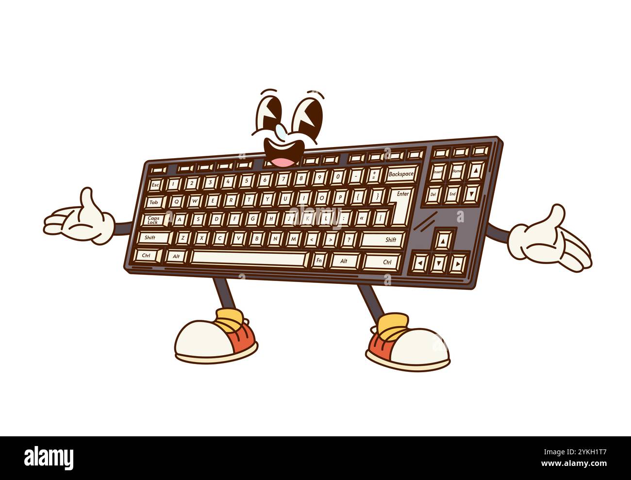 Groovy computer keyboard character in retro cartoon, vector comic ...