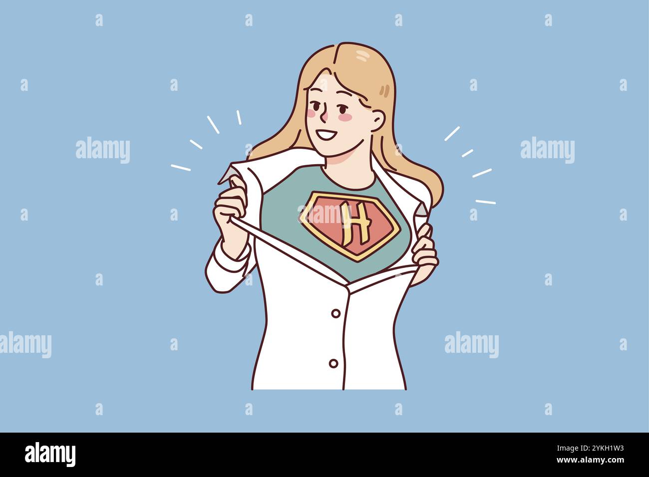 Smiling woman ripping shirt showing hero sign. Happy female demonstrate ...