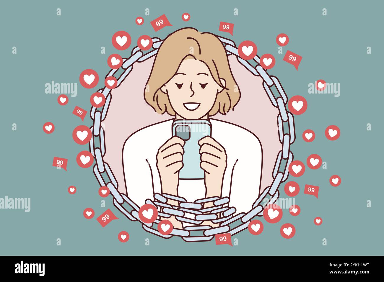 Woman with chained hands using mobile phone symbolizing addiction to ...