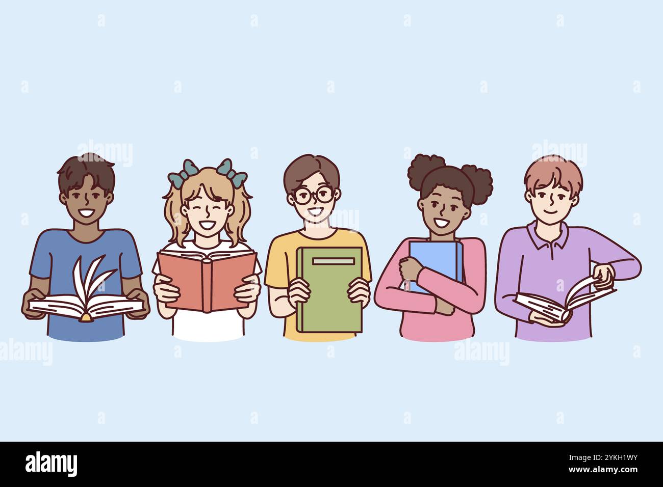 Little diverse kids with books smile and look at screen for happy ...