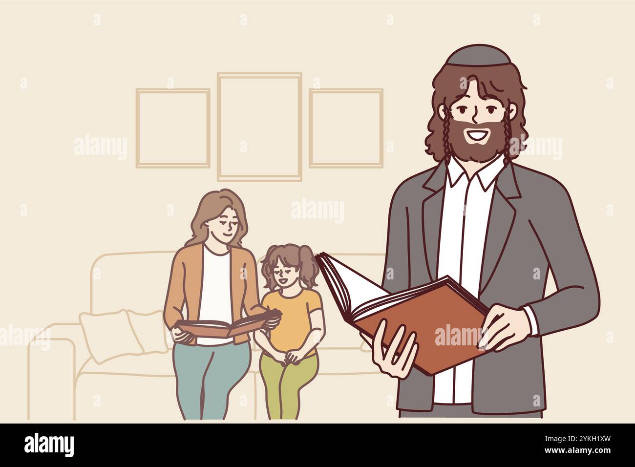Orthodox jewish man stands near wife and daughter and holds bible book ...