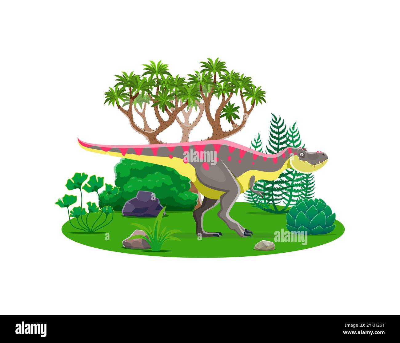 Cartoon dinosaur or prehistoric lizard Tarbosaurus in jungle forest ...