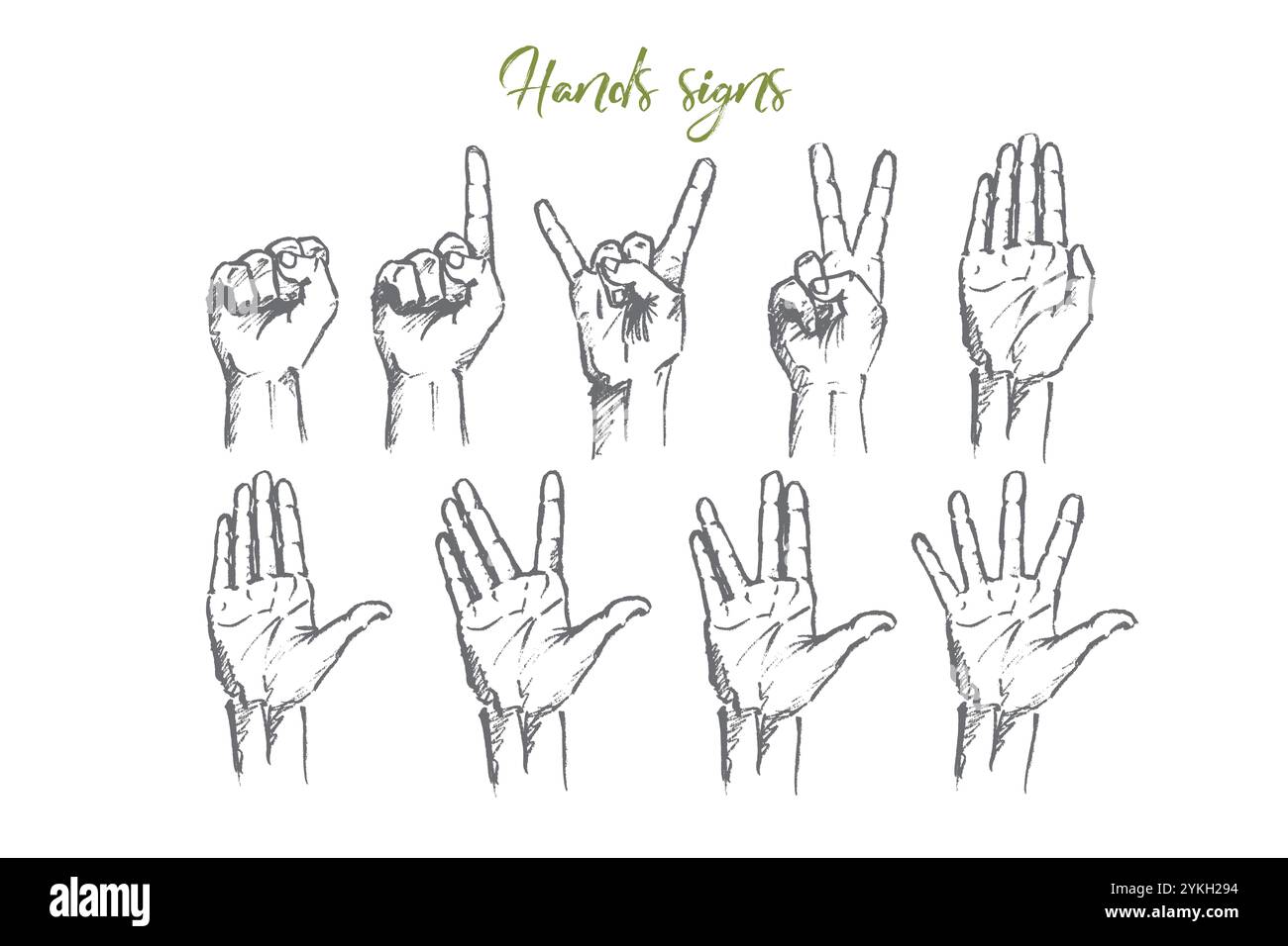 Vector hand drawn Hand signs concept sketch. Set of human palms with ...