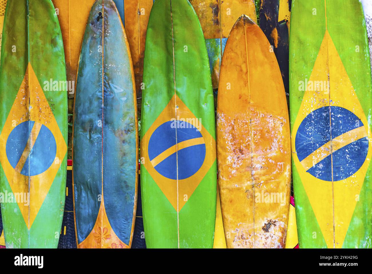 Colorful Surfboards with brazilian flag at the amazing Mangrove beach ...
